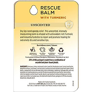 Burt's Bees 100% Natural Origin Rescue Lip Balm With Beeswax and Antioxidant-Rich Turmeric Promotes Healing Of Extremely Dry Lips, Unscented, 2 Tubes in Blister Box