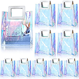 CHENGU 10 Pcs Holographic Gift Bags Clear Iridescent Reusable Birthday Gift Bags Handle PVC Gift Wrap Shopping Bags Waterproof Transparent Tote for Women Girl Wedding Party Baby Shower (7 x 8 x 4 Inch)