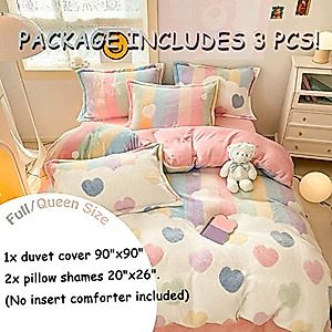 MorroMorn Pink Duvet Cover Queen, Rainbow Bedding Sets, Fluffy Comforter Covers Set, Down Alternative Blanket Ultra Soft Kawaii Cute for Girls Kids Teen Women Full Double Size