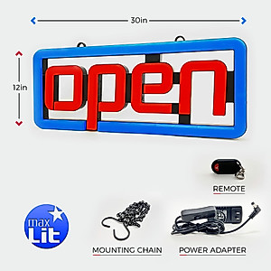 [New 2025] MaxLit Jumbo 30'' x 13'' Ultra Bright LED Neon Open Sign — Remote Controlled — Multiple Light Display Modes — Bright & Vivid Illumination — Boost Your Business Visibility! [Blue/Red]
