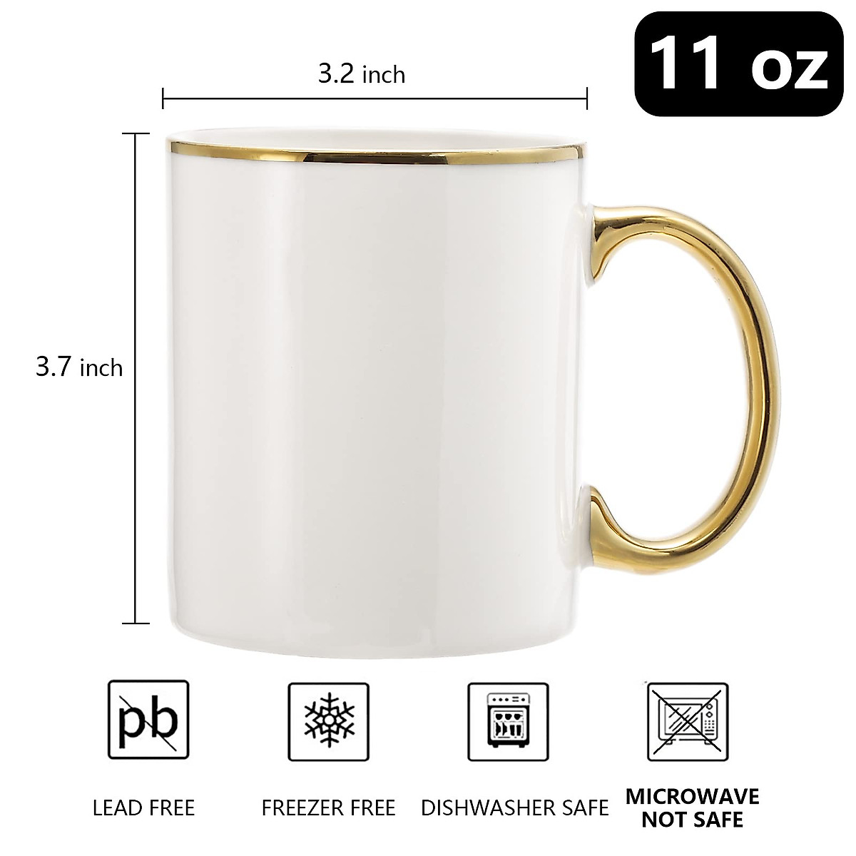 Fasmov 6 Pack Coffee Mugs, 11oz Ceramic Mug set Ceramic Cups for Coffee, latte, Cappuccino, Tea, Cocoa, Cereal, Hot Chocolate, Dishwasher Safe, White/Gold