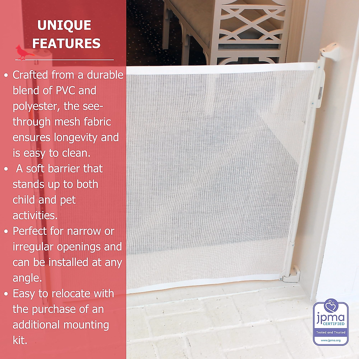 Cardinal Gates RETG Retractable Baby Gate - Mesh Retractable Dog Gate - Extends Up to 55 Inches Wide - 36 Inches Tall - White