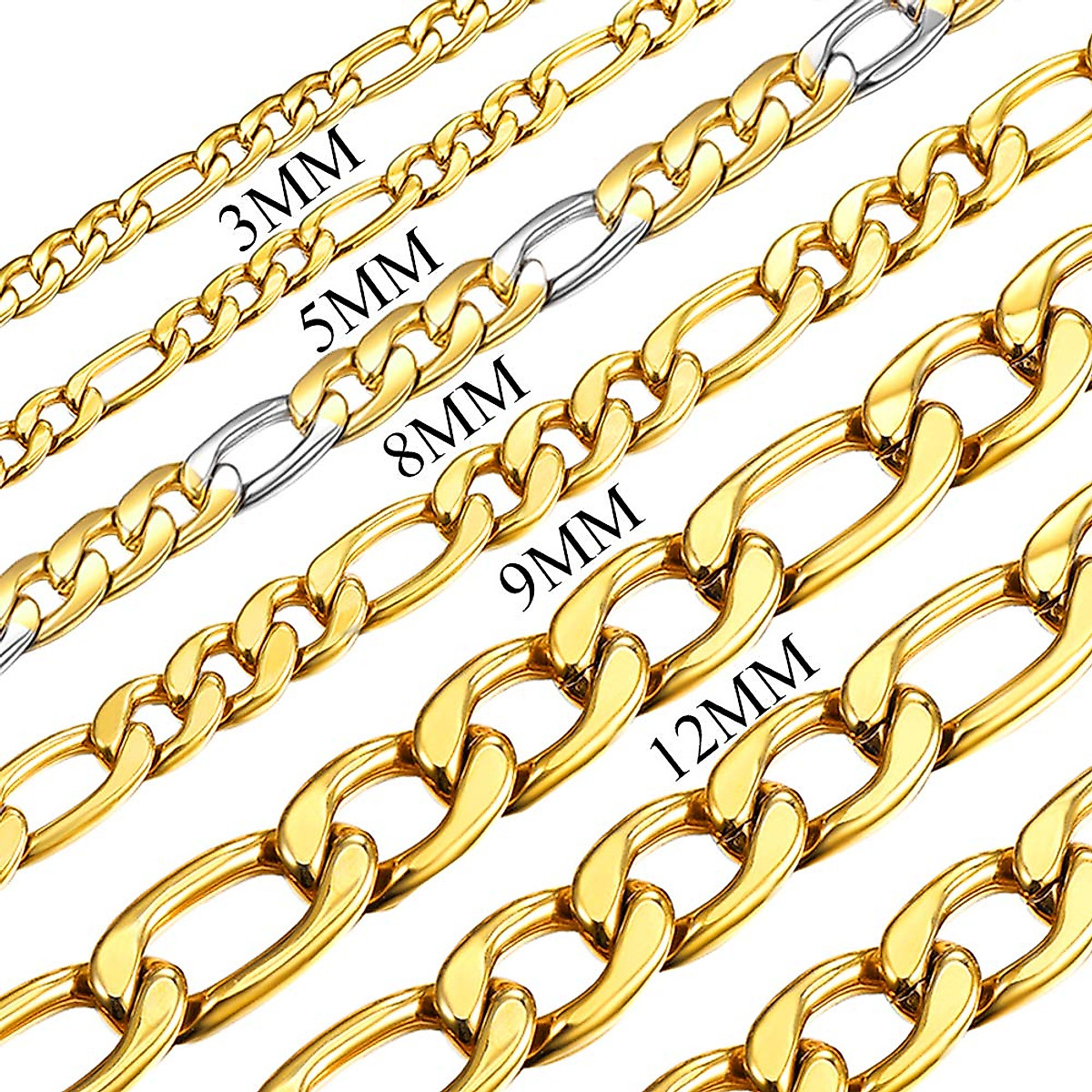 U7 5mm Figaro Chain Boy Men Fashion Jewelry 18K Gold Plated Stainless Steel Link Bracelet & Necklace Set (8.3",18")