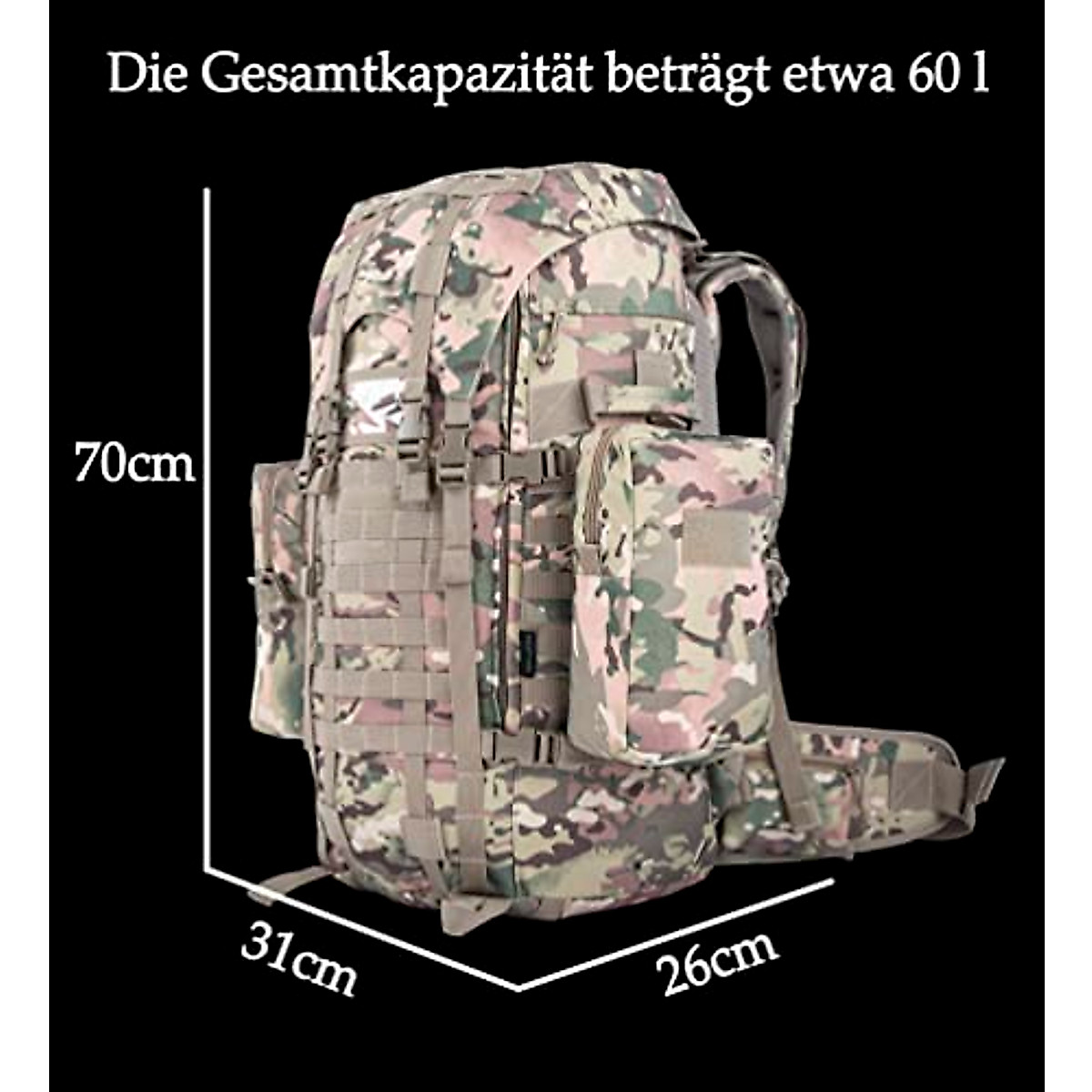 BACKFERRY Large Military Backpack Army Rucksack with Internal Frame Hydration and MOLLE Compatible. Top and Front Load for Wild Camping Backpacking Hiking Bushcraft Adventure 60L