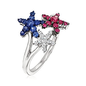 Ross-Simons 0.20 ct. t.w. Sapphire and .20 ct. t.w. Ruby Star Ring With Diamond Accents in Sterling Silver. Size 7