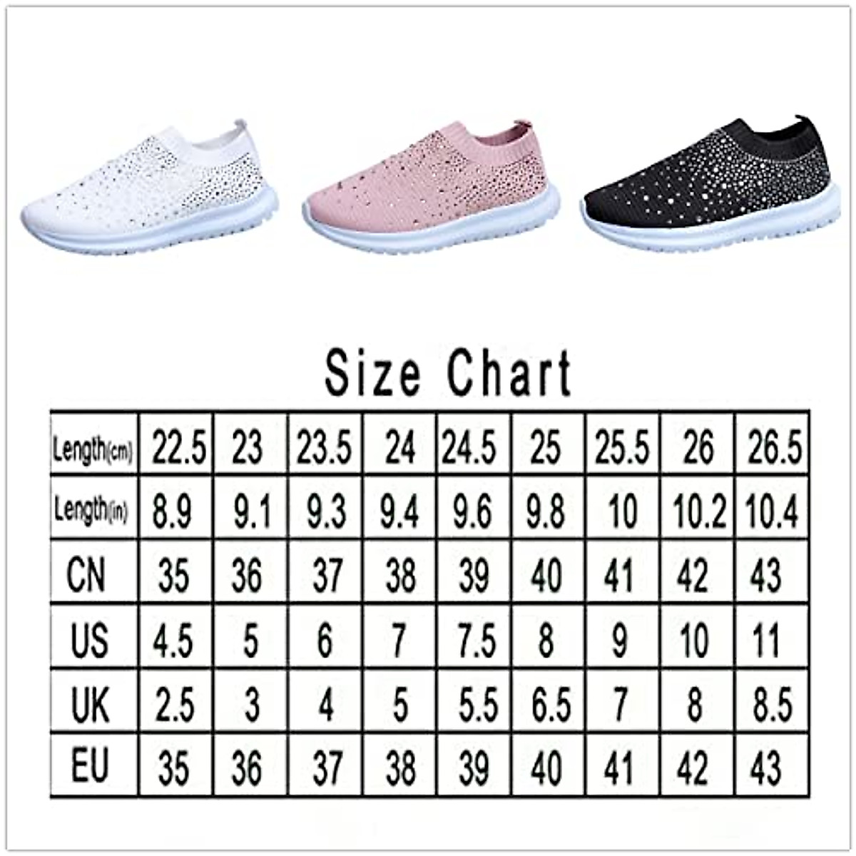 Women's Crystal Breathable Slip-On Walking Shoes, Sparkly Glitter Mesh Sneakers Athletic Walking Shoes, Ladies Casual Trainers Sock Jogging Shoes (Black,38)