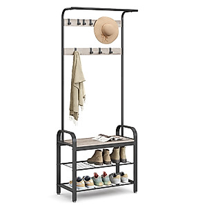 VASAGLE Coat Rack, Hall Tree with Shoe Bench for Entryway, Entryway Bench with Coat Rack, 4-in-1, with 9 Removable Hooks, a Hanging Rod, 13.3 x 28.3 x 72.1 Inches, Greige and Black UHSR40MB