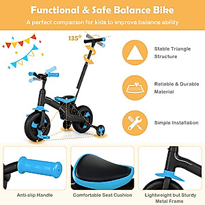 BABY JOY 5 in 1 Toddler Tricycle, Folding Kids Trike Baby Balance Bike w/Adjustable Steering Push Handle, Removable Pedals & Detachable Auxiliary Wheels, Ride-on Toy for 18-60 Months Boys Girls, Blue