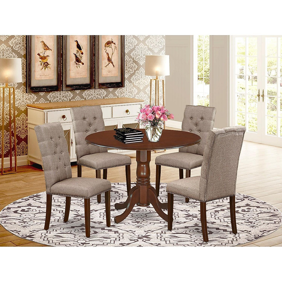East West Furniture DLEL5-MAH-16 5 Piece Dining Room Furniture Set Includes a Round Dining Table with Dropleaf and 4 Dark Khaki Linen Fabric Parsons Chairs, 42x42 Inch, Mahogany