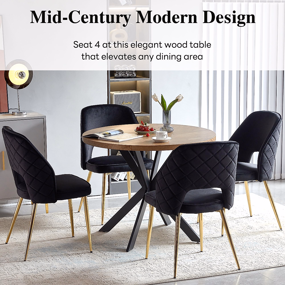 NORDICANA 5-Piece Dining Table Set for 4 - Space Saving 37-Inch Round Table and Chairs, 4 Seaters Dining Set with Upholstered Dining Chairs (Black)