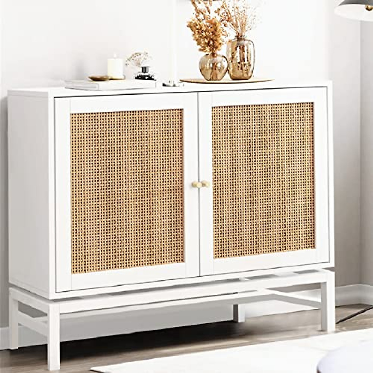 DKLGG Rattan Sideboard Buffet Cabinet Set of 2, Kitchen Sideboards and Buffets Cabinet with Storage, Accent Cupboard Cabinet with 2 Doors for Living Room, Dining Room, White, 31 x 15 x 31 inches