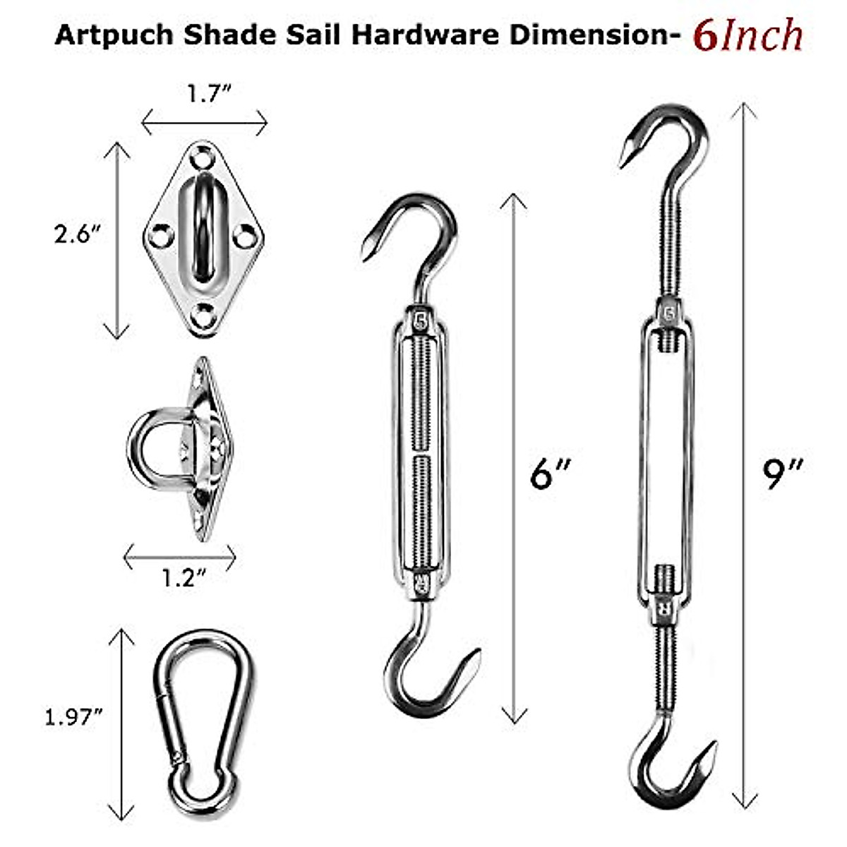 Artpuch Sun Shade Sail Hardware Kit 6 Inch for Triangle Sun Shade Sail Outdoor Installation 304 Stainless Steel