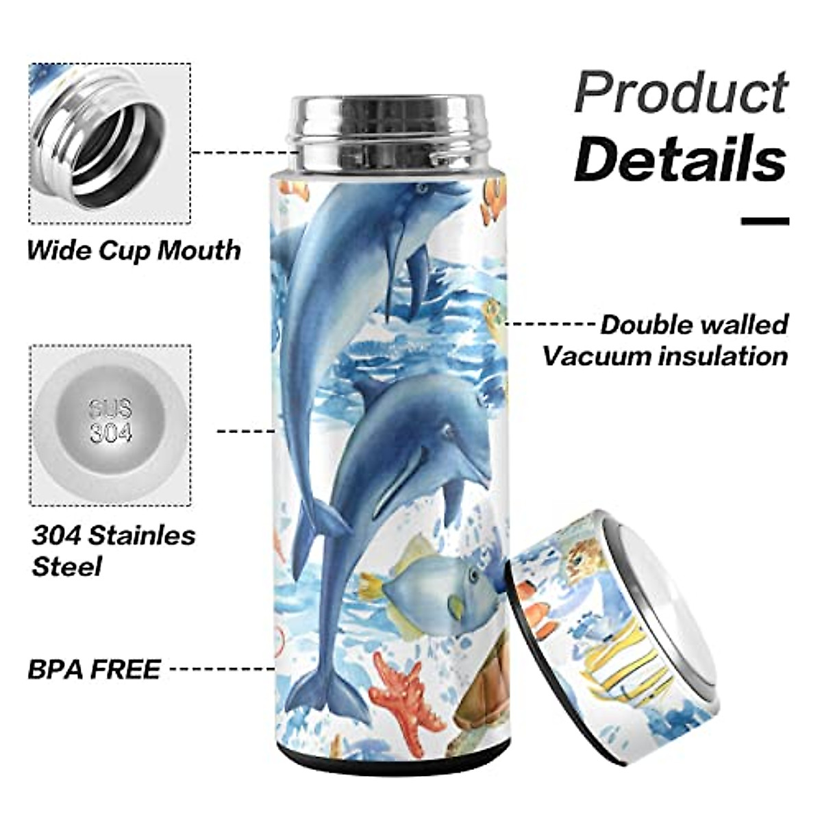 CaTaKu Small Water Bottle 12 oz, Sea Life Fish Turtle Insulated Water Bottle for Water Coffee Tea Stainless Steel Flask Thermos Bottle Reusable Wide Mouth Vacuum Travel Mug