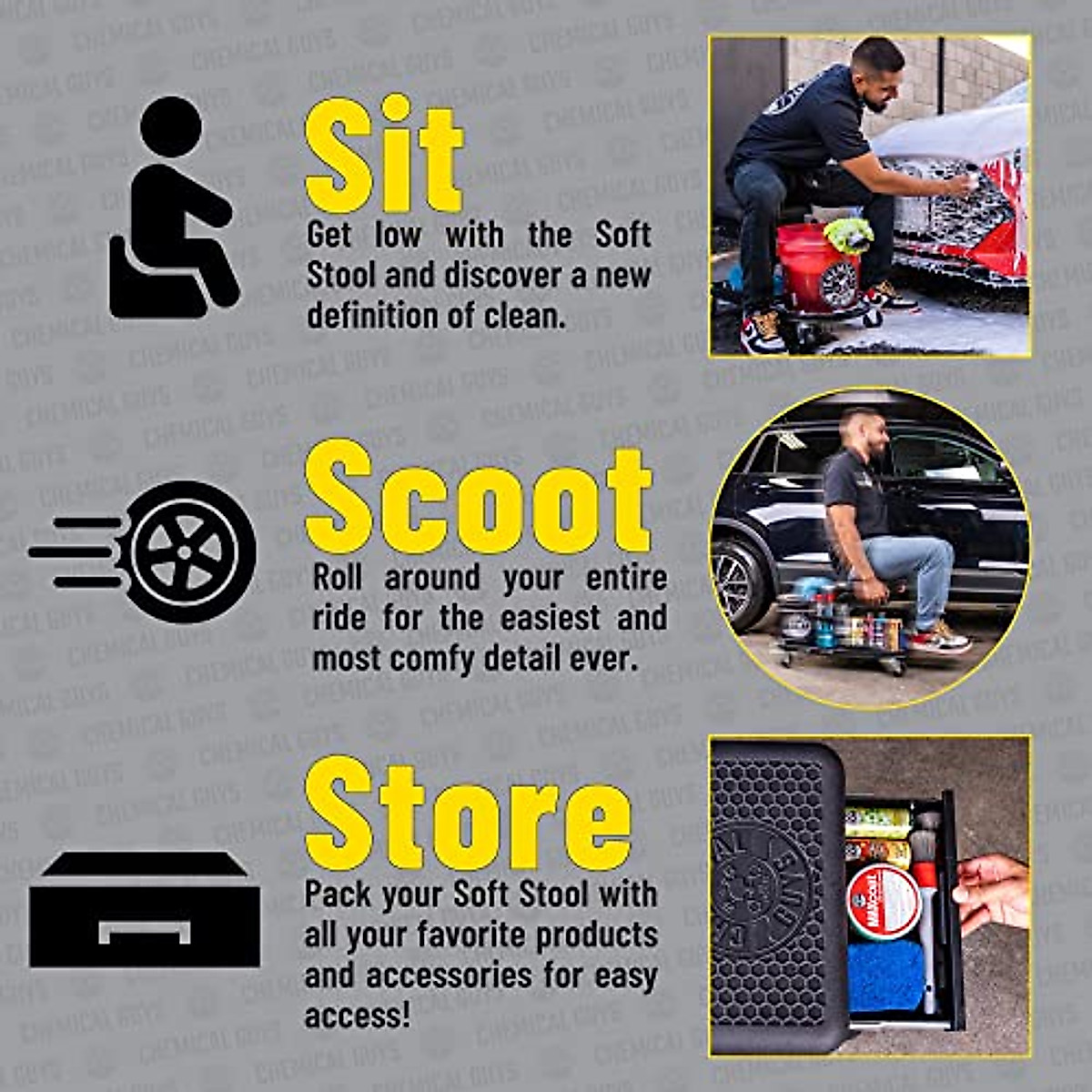 Chemical Guys ACC618 Soft Stool Ultimate Rolling Detailing & Utility Cart, (For Cars, Trucks, SUVs, RVs, Home, Garden, Garage & More) 15' 1/2" x 8' 3/4" x 18' 1/2" - Black