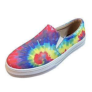 Women’s Slip On Sneakers Tie-Dye Colorblock Casual Shoes Fashion Comfortable Walking Shoes Canvas Flats