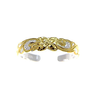 Arthur's Jewelry 925 sterling silver 2 tone yellow gold plated Hawaiian plumeria flower scroll 4mm cut out open toe ring