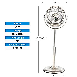 Mros Circulator Fan, Metal Stand up Pedestal Fan,Quite Silence Fan,3-Speed and Adjustable in Height for office, home, bedroom and living room especially ideal for ladies and babies(Brushed Nickel)