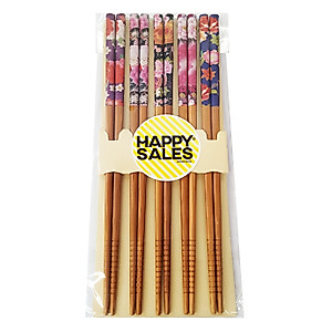 Happy Sales 5 Pairs Chopsticks Flower & Leaves Design Natural #7193