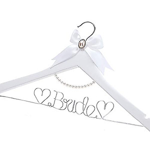 HUIDIAN White Solid Wood Bridal Dress Hanger with Bridal Wire Lettering for Bridal Wedding Party Gift (White Hanger Silver Thread and Pearl Chain)