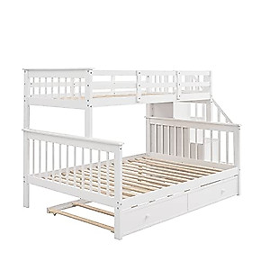 FIQHOME Stairway Twin-Over-Full Bunk Bed with Twin Size Trundle,Bunk Bed Frame Convertible into 2 Beds Storage and Guard Rail for Bedroom, Dorm, for Adults, White