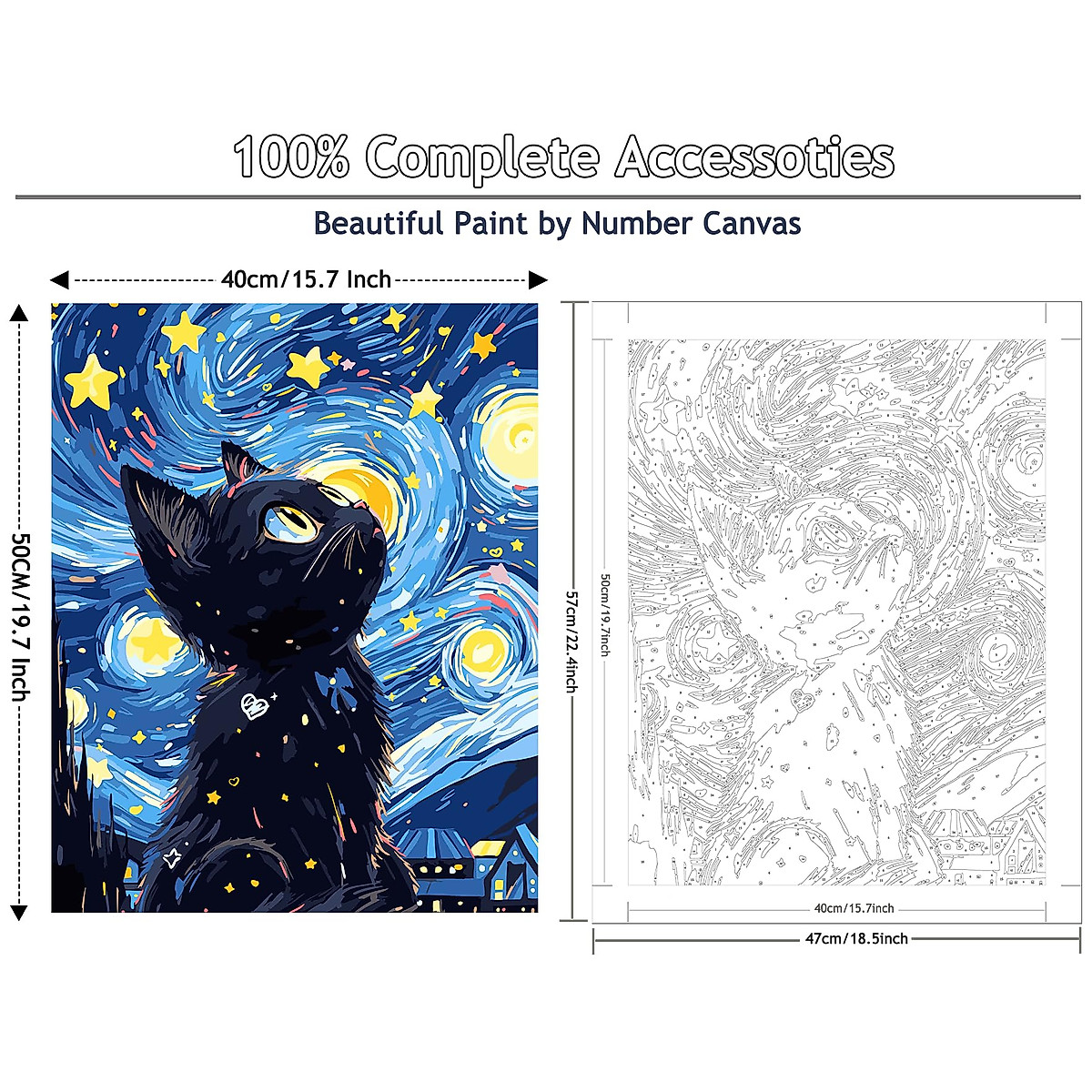 Yunnuo Paint by Numbers for Adults Black Cat, Paint by Numbers kit on Canvas for Beginners, Starry Night Oil Painting Set Craft Supplies, 3 Paintbrushes and Acrylic Paint 16x20 Inch