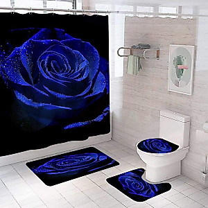 Camille&Andrew 4PCS/Set Dewy Royal Blue Rose Shower Curtain, Elegant Floral Romantic Flower Women Bathroom Decor, Waterproof Fabric Shower Curtain, Non-Slip Bath Rugs Toilet Carpet Bathroom Mat, Blue