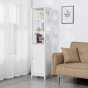 Yaheetech Bathroom Floor Cabinet, Wooden Tall Freestanding Cabinet with 3 Tier Shelves and Door Organizer, Elegant Linen Tower Rack Stand for Living Room, 63 in Height, White