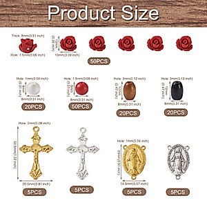 Mega Pet 180Pcs Catholic Rosary Jewelry Making Kits 3D Rose Cinnabar Beads with Barrel Wood Beads Round Glass Pearl Beads Crucifix Cross Pendants Rosary Beads for DIY Necklace Bracelet Jewelry Making