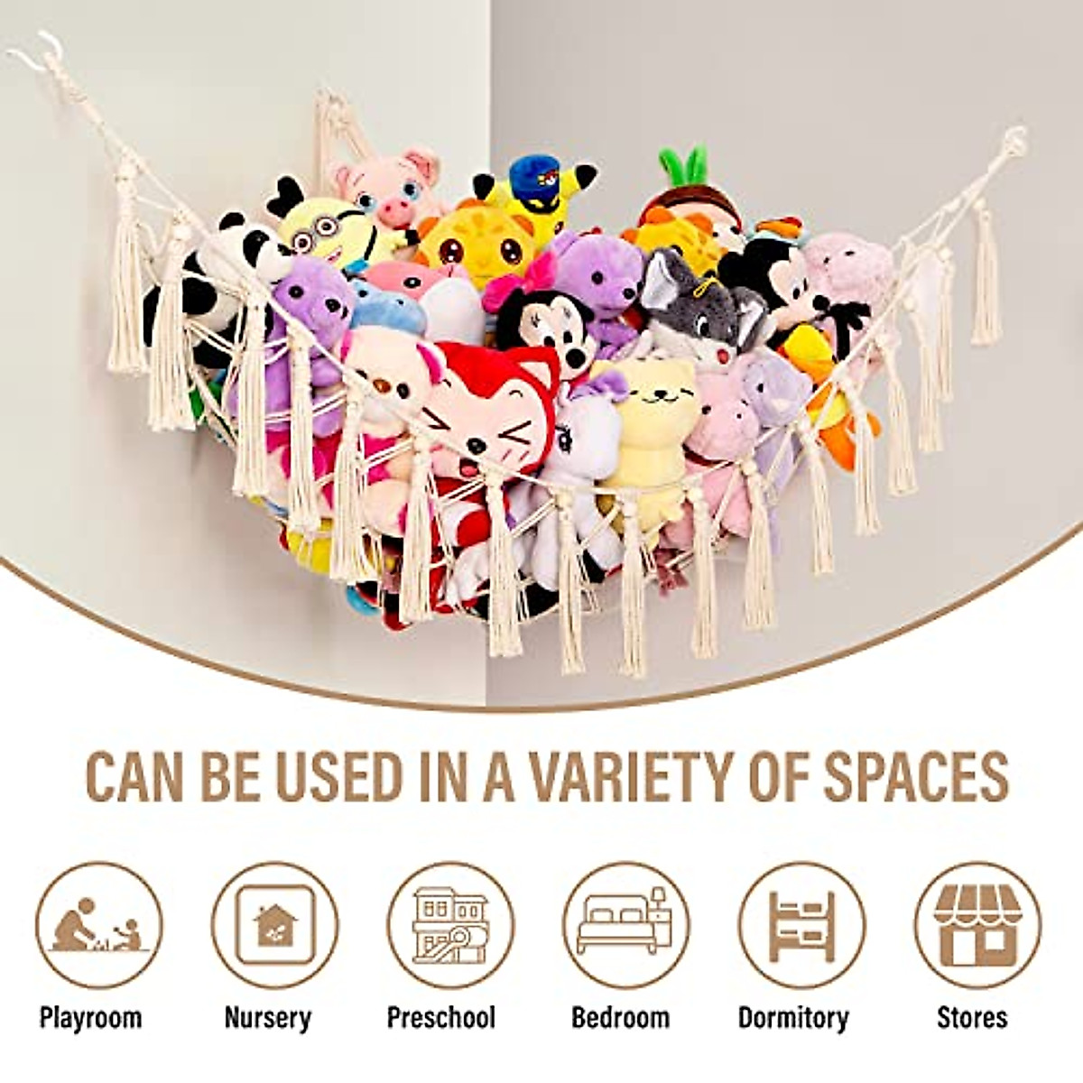 IYOG Stuffed Animal Net or Hammock (41inx41inx52in) - Corner Net for Stuffed Animals for Wall - Stuffed Animal Storage - Toy Hammock -Stuffed Animal Hammock (Cream) Hardware Included