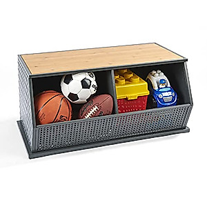 Badger Basket Metal and Bamboo Two Bin Stackable Charcoal/Natural Toy Storage Cubby