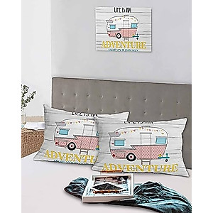 Edwiinsa Summer RV Travel Pillow Covers Standard Size Set of 2 20x26 Bed Pillow, Pink Polka Dots Truck Rustic Wood Plush Soft Comfort for Hair/Skin Cooling Pillowcases with Envelop Closure