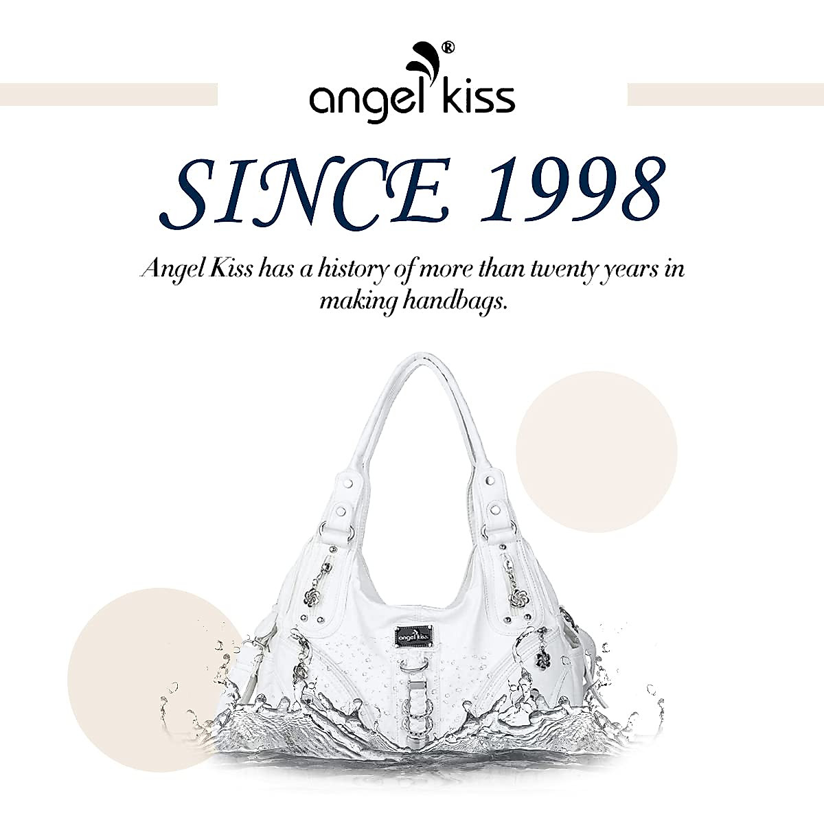 Angelkiss Women Multiple Pockets Purses and Handbags Washed Leather, Two Top Zippers Closure, White