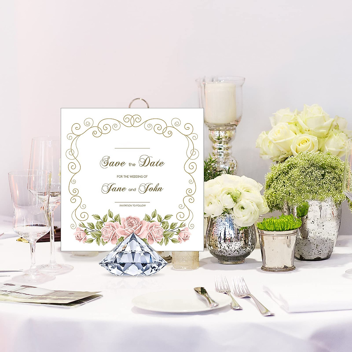 MTLEE 36 Pieces Diamond Place Card Holders Acrylic Table Number Holders for Wedding Crystal Table Card Stands Tabletop Card Holders for Weddings Baby Shower Table Card Decoration (Transparent White)