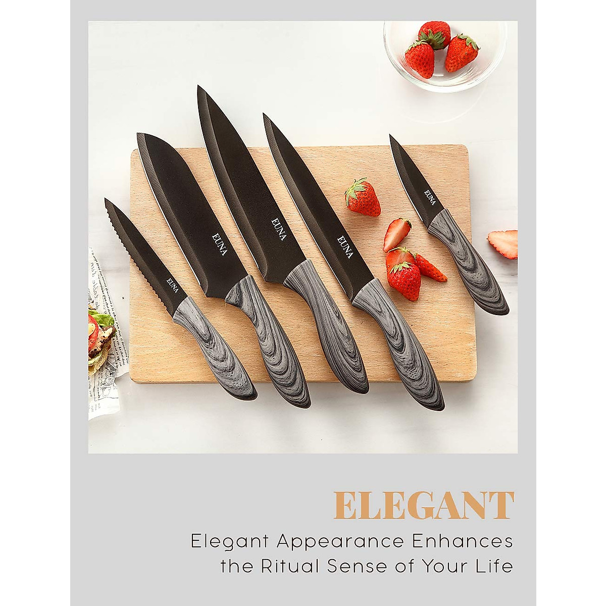 EUNA 9 Piece Kitchen Knife Set, Sharp Chef Knives Stainless Steel Cooking Knife Set (Included : 5 PCS Kitchen Knife Set and 4 PCS Steak Knife Set with 2 Gift boxs)