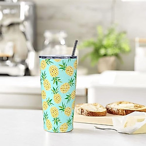 20oz Tumbler Luscious Pineapple Print Double Wall Vacuum Insulated Coffee Mug with Lid and Metal Straw Brush Reusable Stainless Steel Water Bottle Travel Cup Gifts for Car Ice Drinks Hot Beverage