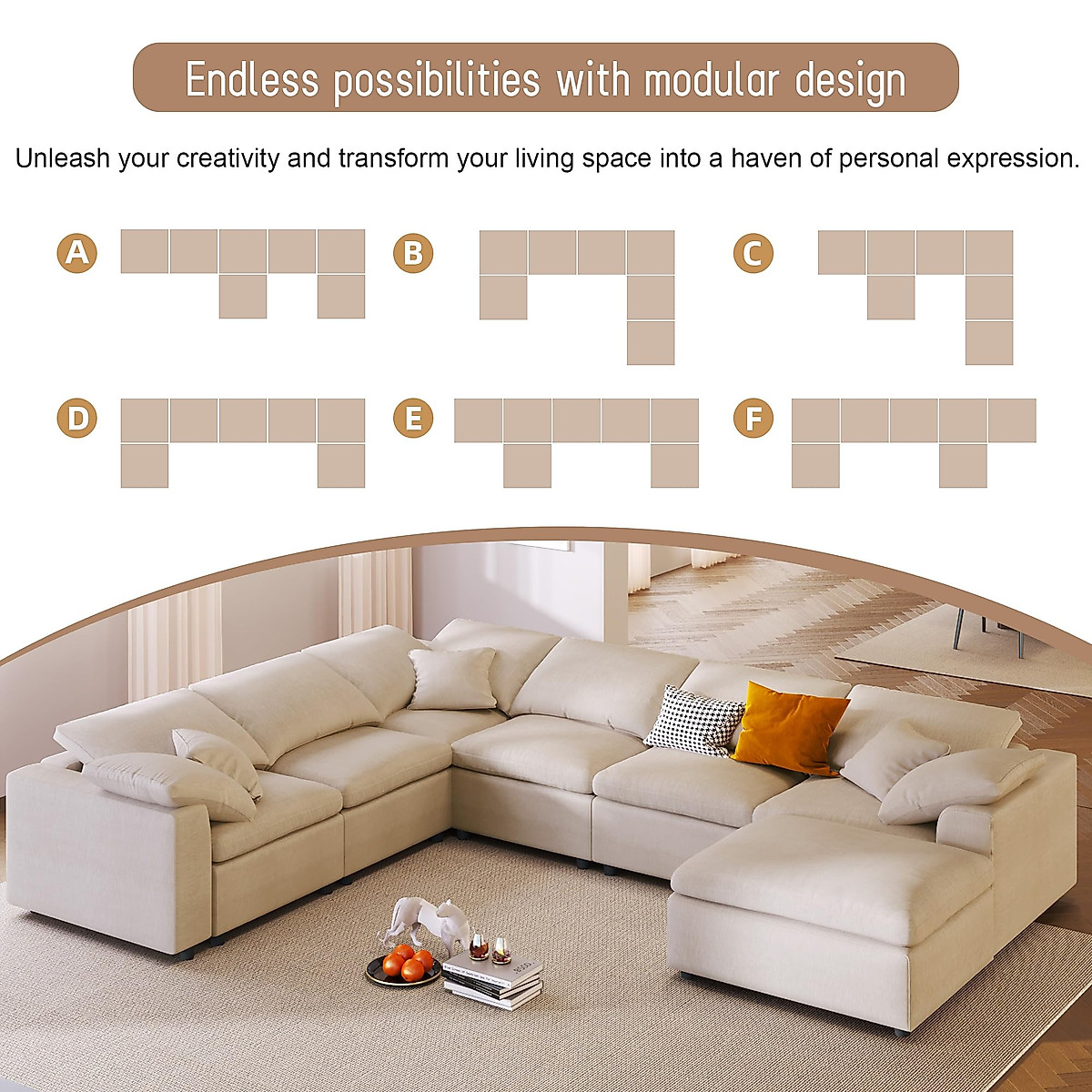 DREAMODERN Modular Couch Sectional Sofa for Living Room, Oversized L-Shaped Sofa with Ottoman Upholstered Reversible Couch for Apartment Spacious Space - Beige