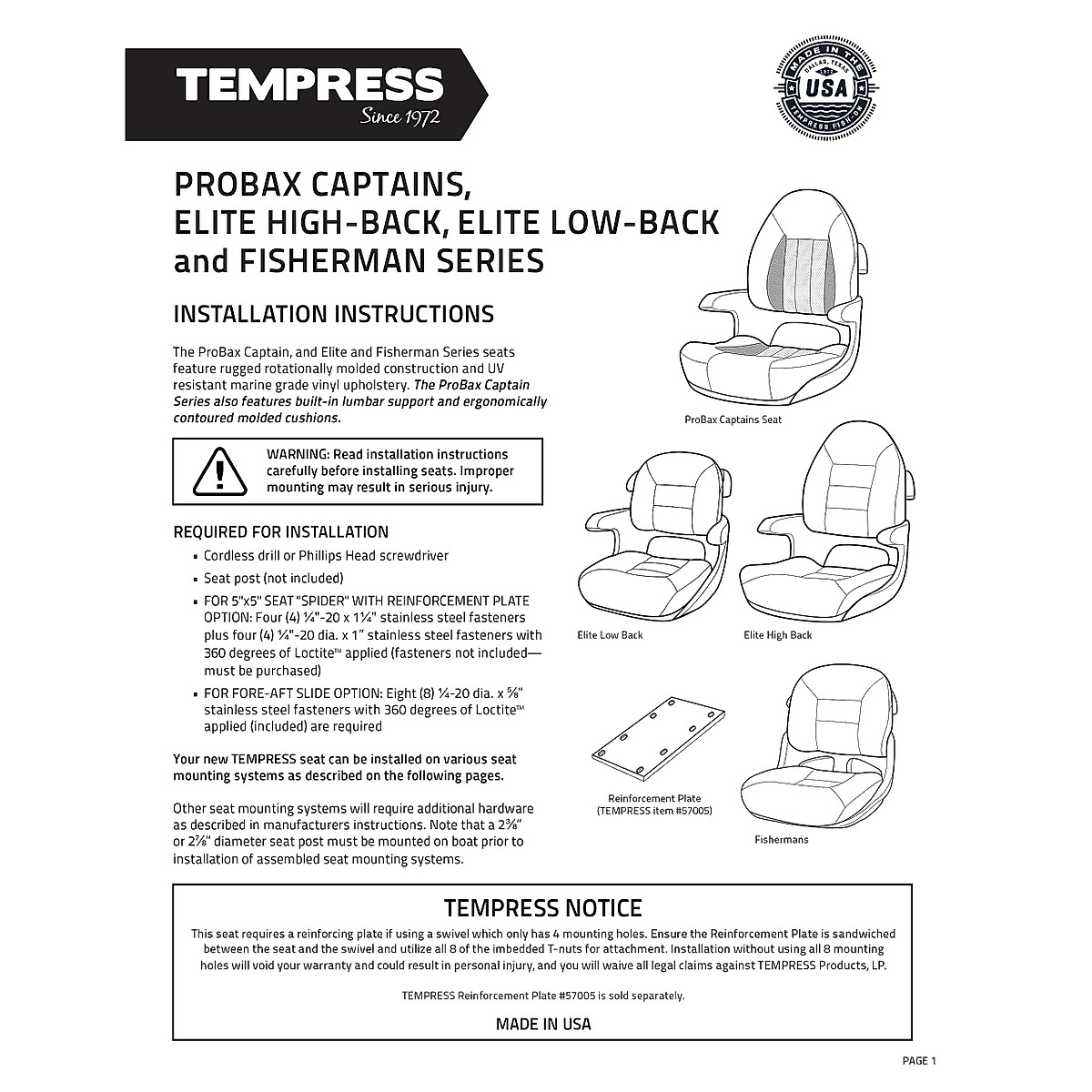 Tempress Elite High Back Helm Seat, White