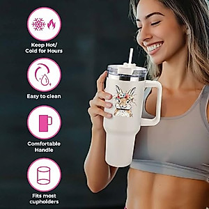 LB LEOBON 40 ounce insulated cup with handle, double-layer vacuum stainless steel material, equipped with straw, can keep warm or maintain cold drinks Easter Rabbit H Light pink