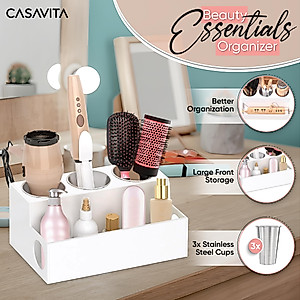 CasaVita White Hair Tool Organizer - Bathroom Countertop Hair Tool Holder for Blow Dryers, Curling Irons, Flat Irons, Accessories, Makeup, and Toiletries - Acrylic Hair Accessories Organizer