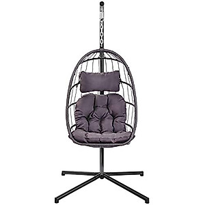 elify Wicker Hanging Swing Chair, Patio Rib Hanging Egg Chair with UV Resistant Grey Cushion and Aluminum Stand Frame in Door Outdoor Patio (Gray)