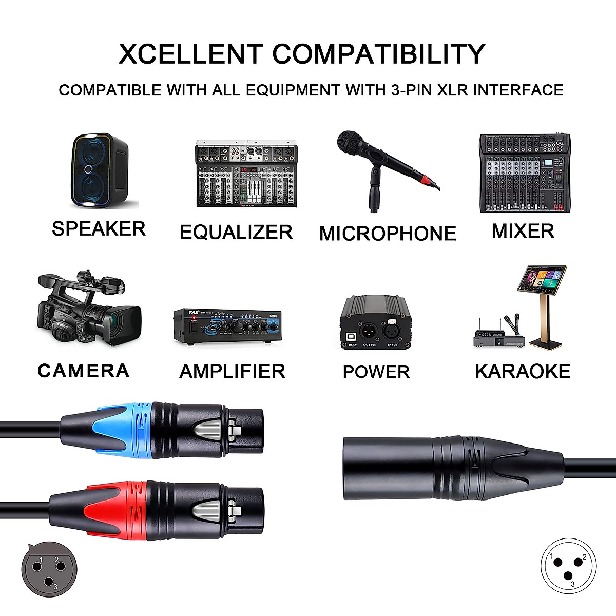 Anewbig 1 Male to 2 Female XLR Y Splitter Micrphone Cable 1.5ft, 3pin XLR Female to Dual XLR Male Y-Splitter Balanced Mic Audio Cables for Stereo Mic to L & R Audio Track (1.5feet)