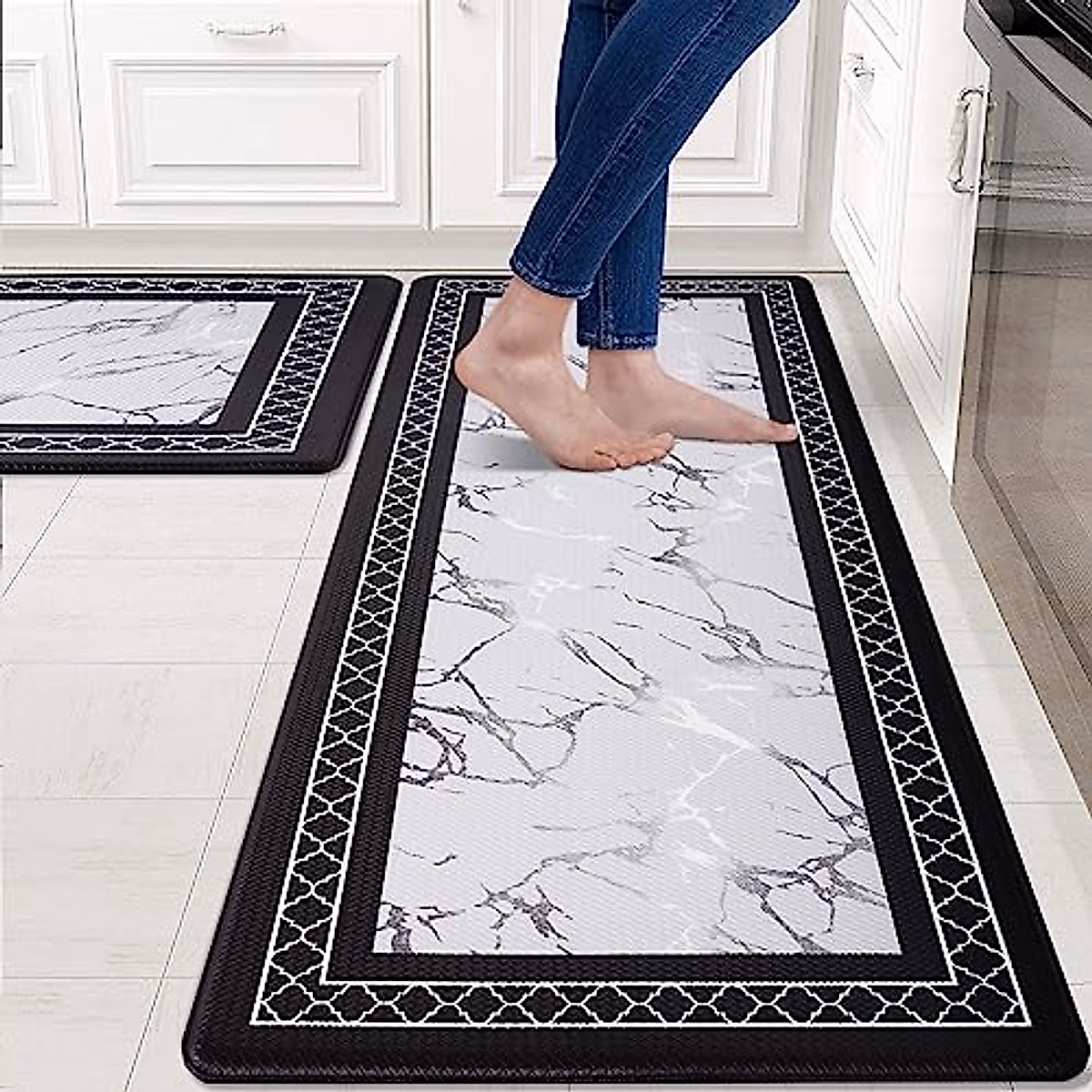 ASPMIZ Marble Kitchen Rugs Non Slip, Silver White Marble Kitchen Mats Cushioned Anti Fatigue, PVC Waterproof Leather Kitchen Rug Modern, Floor Comfort Mat for Kitchen Sink, 18'' x 30'' + 18'' x 48 ''