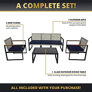 Kinger Home Keaton 4-Piece Outdoor Rattan Furniture Set with Teakwood Accents, Sofa, 2 Armchairs, Glass Coffee Table