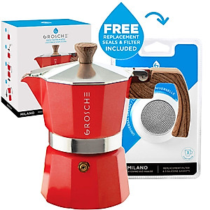 GROSCHE Milano Stovetop Espresso Maker Moka pot 3 espresso Cup - 5 oz, Red and 3 Replacement Seals Gaskets Bundle Stove top coffee maker Moka Italian espresso coffee maker and replacement gaskets