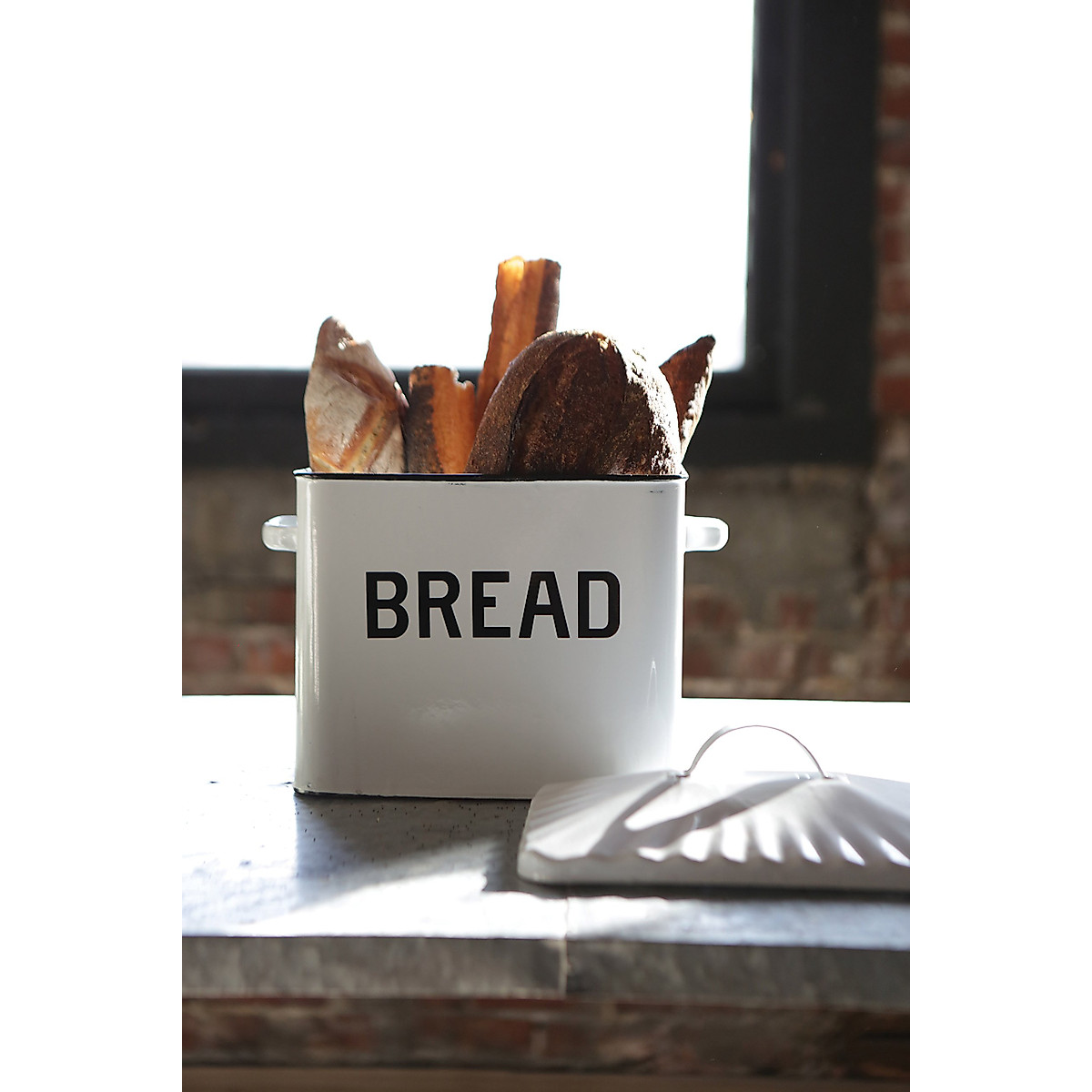 Creative Co-Op Farmhouse Enameled Metal Bread Box with "Bread" Message, White