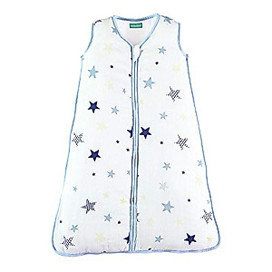 molis & co Toddler Sleeping Sack 2T, Breathable Muslin Baby Sleeping Bag 18-36 Months, 0.5 TOG Lightweight Unisex Toddler Wearable Blanket, Blue and Beige