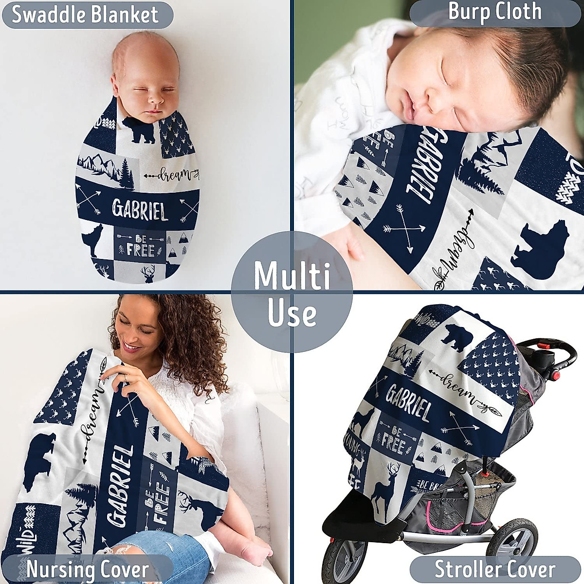 MeMate Personalized Woodland Baby Blankets, Baby Woodland Blanket Custom Name, Deer Baby Blankets for Boys Girls, Baby Bear Wolf Blanket for Baby Shower Newborn Infant Son Toddlers