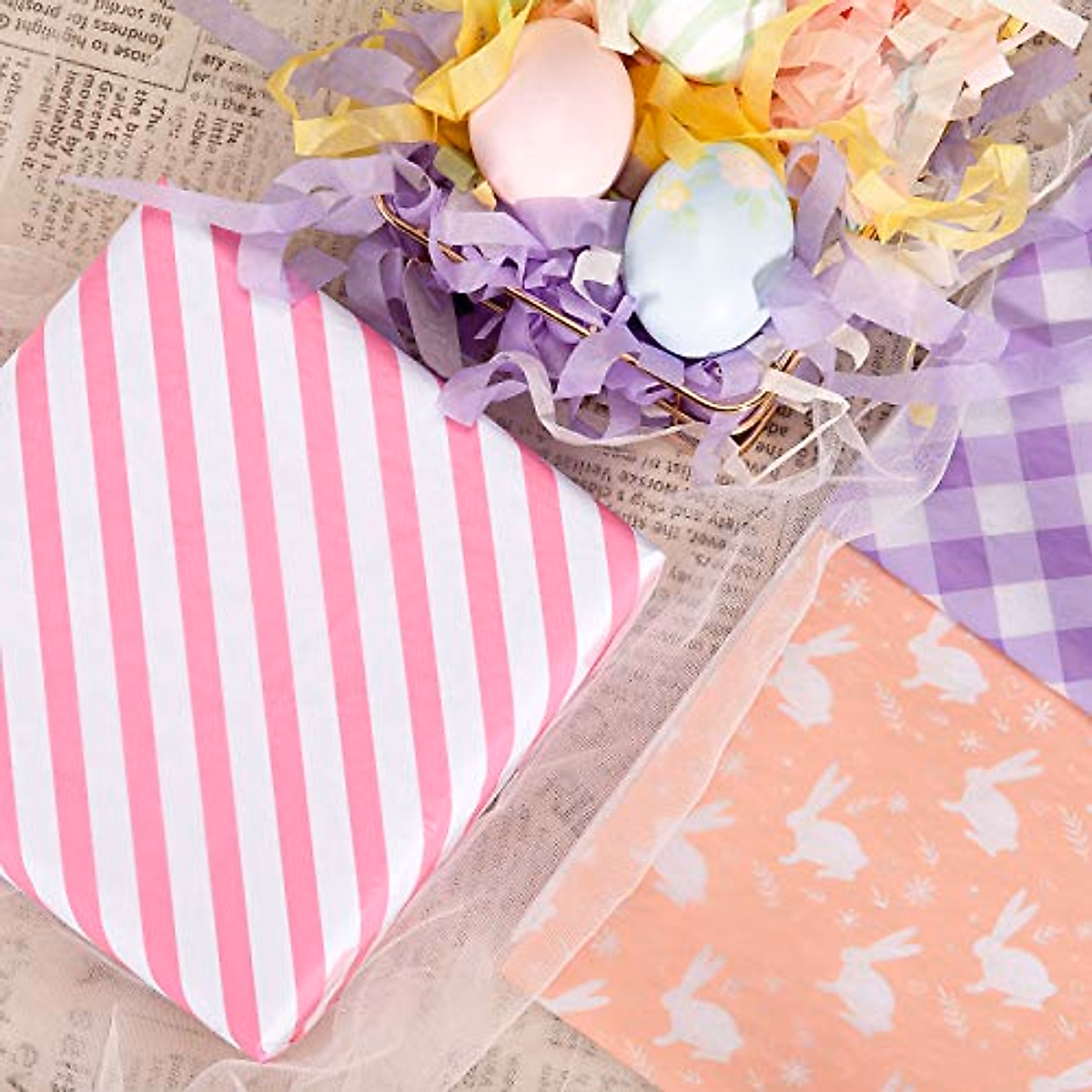 Whaline Easter Tissue Paper 90 Sheet Colorful Gift Wrapping Paper Sheet Pastel Rabbit Bunny Flower Plaid Wrapping Paper Spring Holiday Art Tissue for Easter DIY Gift Packing, 13.8 x 19.7 Inch