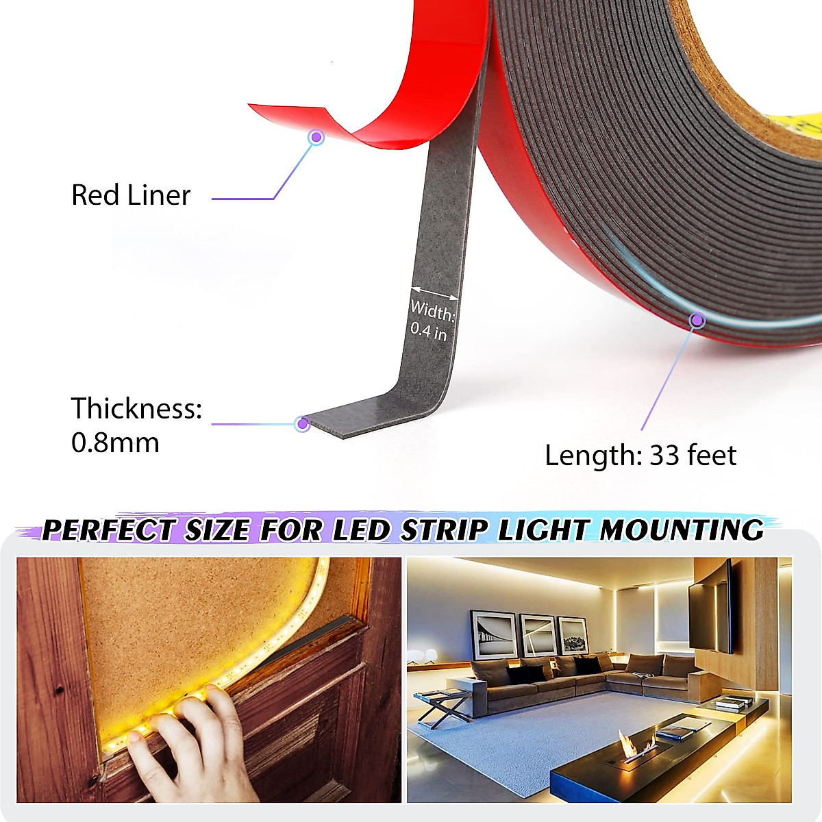 Double Sided Tape, Heavy Duty Mounting Tape, 33FT x 0.4IN Adhesive Foam Tape 3M Quality for Home Office Car Automotive Decor
