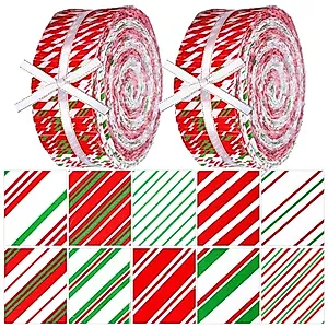 Ganeen 100 Pcs Christmas Fabric Patchwork Roll Quilting Fabric Roll up Fabric Quilting Strips, 2.55 Inch Candy Elements Roll up Fabric Patchwork Fabric for Xmas Sewing DIY Crafts